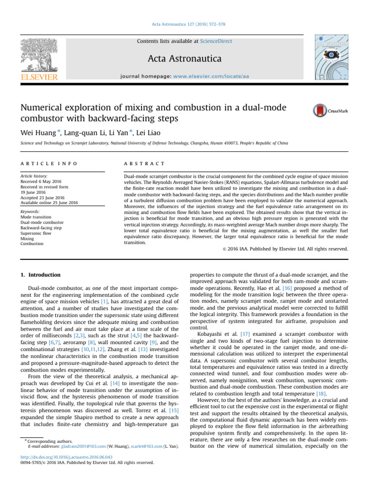 Numerical Exploration of Mixing and Combustion in A Dual-Mode Combustor With Backward-Facing ...