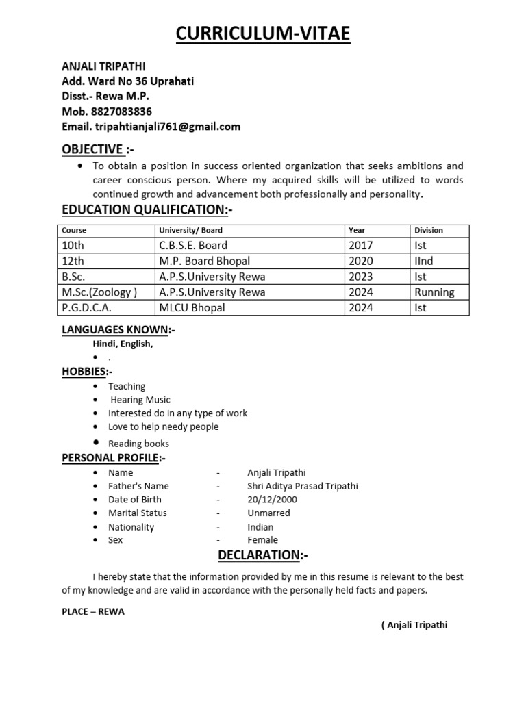 Anjali Tripathi's CV and Qualifications | PDF