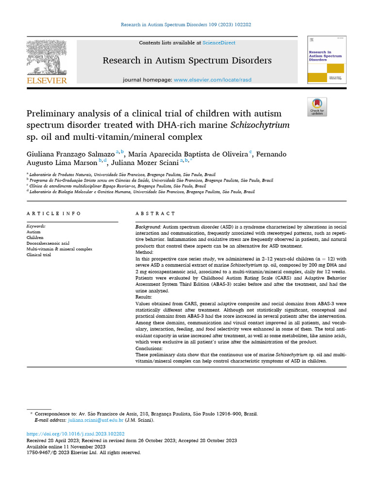 Preliminart Analysis of A Clinical Trail, Asd Dha | PDF | Antioxidant | Omega 3 Fatty Acid