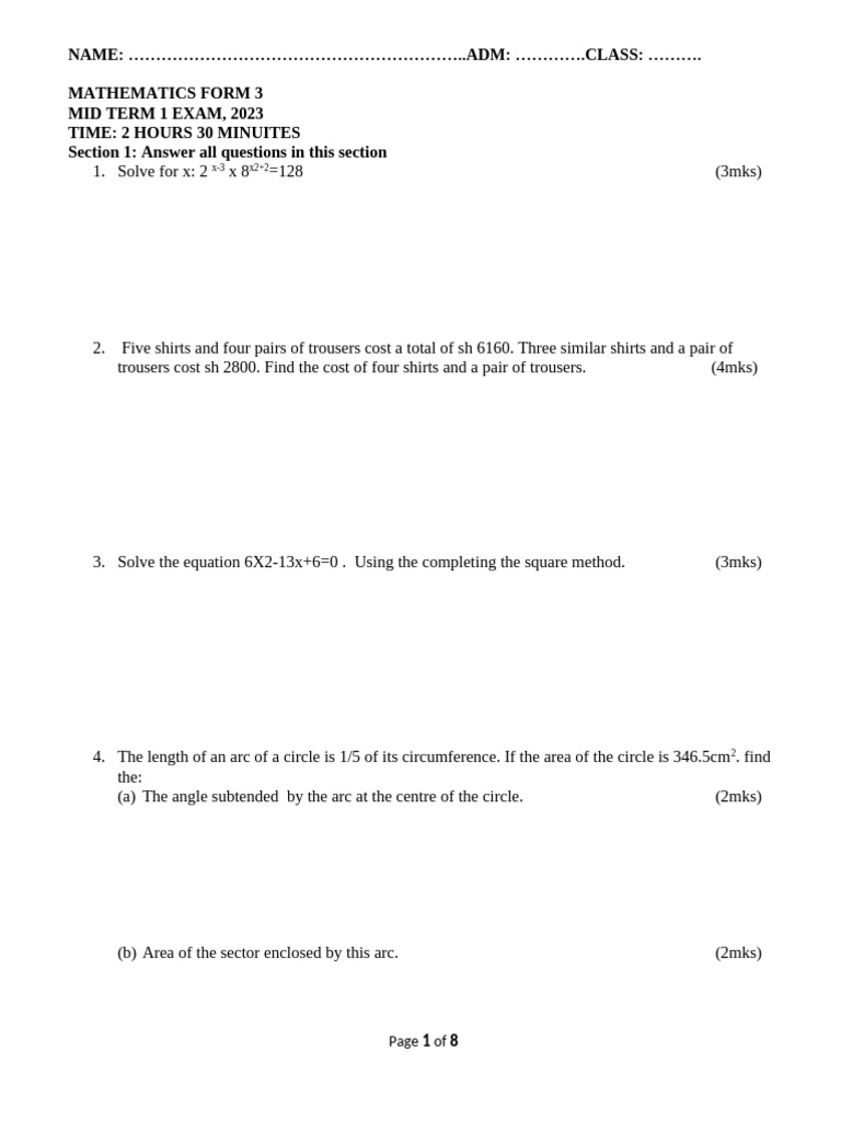 MATHS F3 Q Term 1 2023 Teacher - Co - Ke | PDF | Circle | Trigonometry