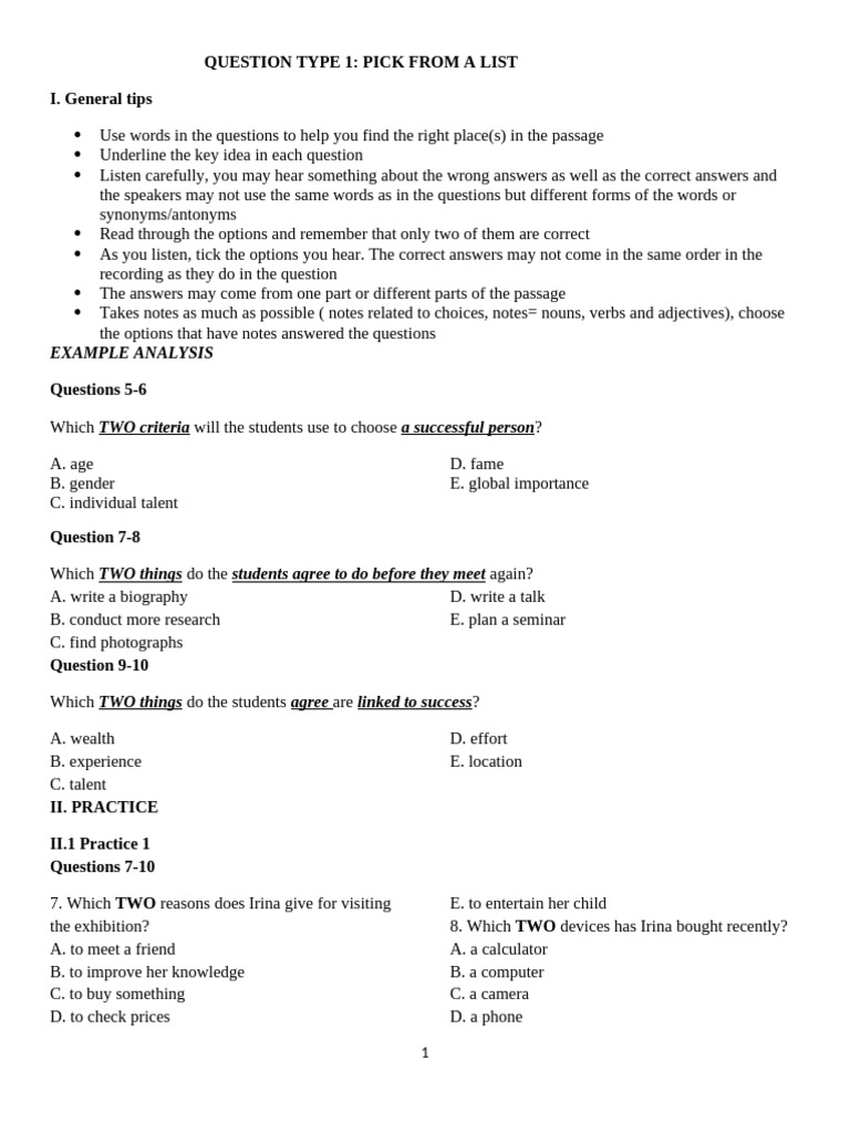 Listening Project - Question Type 1 - Pick From A List - Student | PDF | Word | Adjective