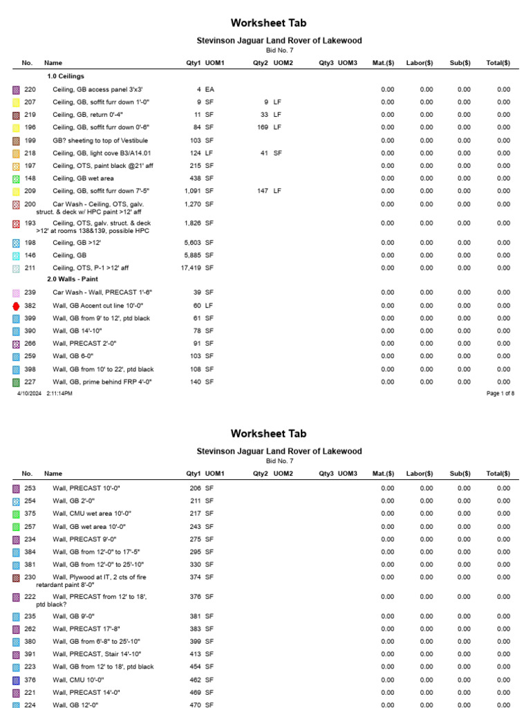 Stevinson Jaguar Land Rover Bid 7 Worksheet | PDF | Components | Building