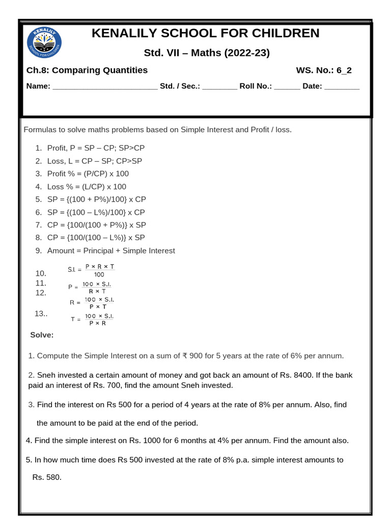 Kenalily School For Children: Std. VII - Maths (2022-23) | PDF
