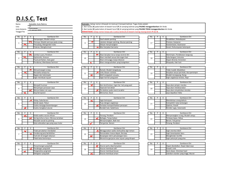 Lembar Pengisian Tes Disc | PDF