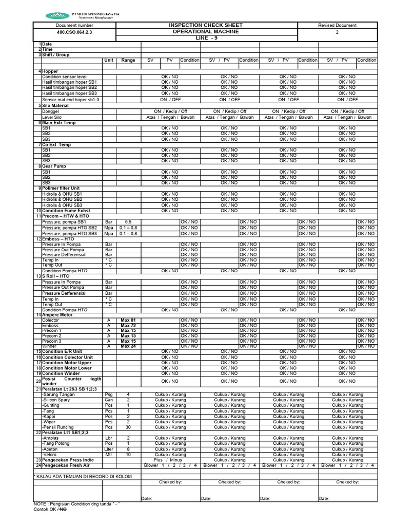 400.CSO.064.2.3 - INSPECTION CHECK SHEET OPERATIONAL MACHINE LINE 9.Tbk ...