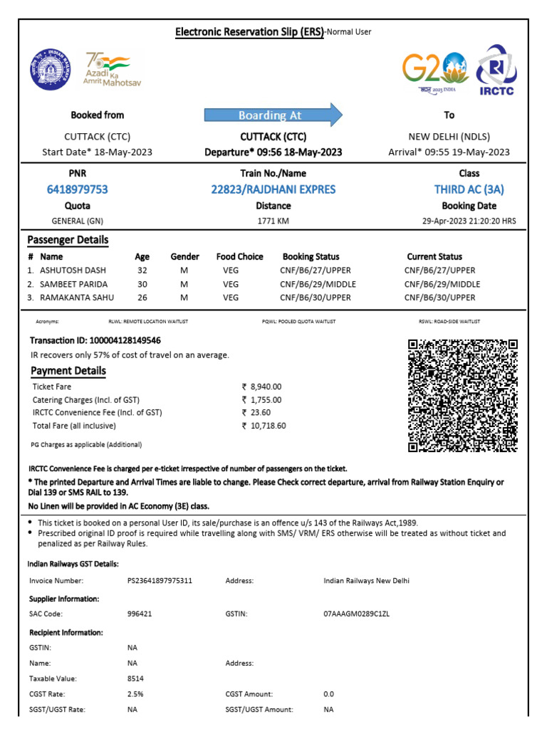 Online Ticket 3rd Ac PDF Irctc .. | PDF | Identity Document | Payments