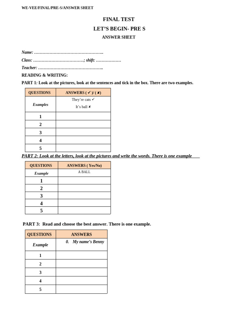 Pre-S Final Test Answer Sheet | PDF