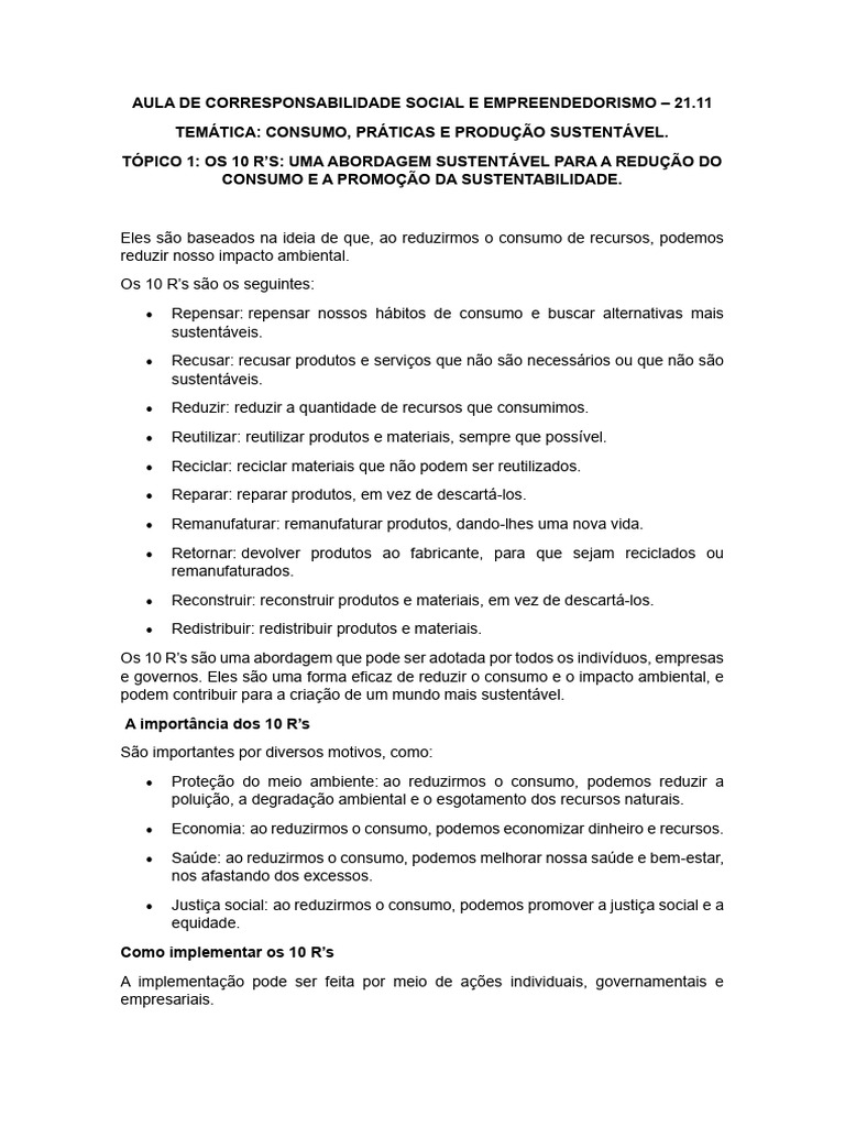 21.11 AULA DE CORRESPONSABILIDADE SOCIAL E EMPREENDEDORISMO | PDF | Reciclagem | Sustentabilidade