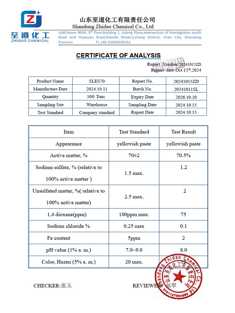 Shandog Zhidao Chemical SLES 70% COA | PDF