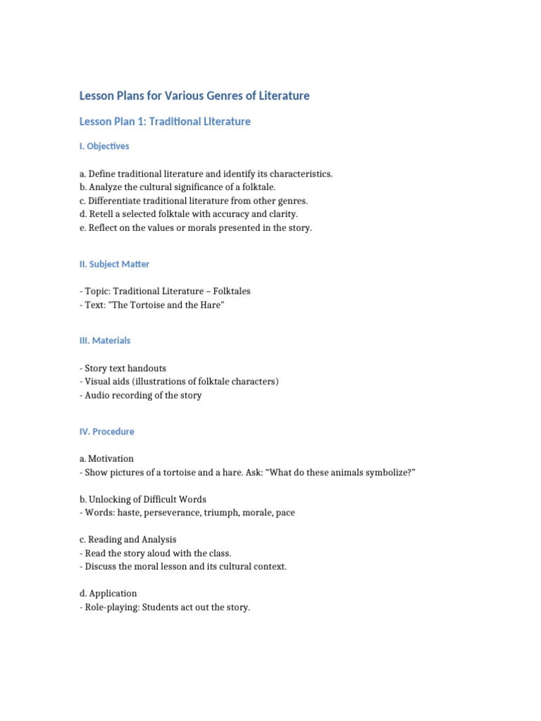Lesson Plans Genres of Literature | PDF | Poetry | Essays