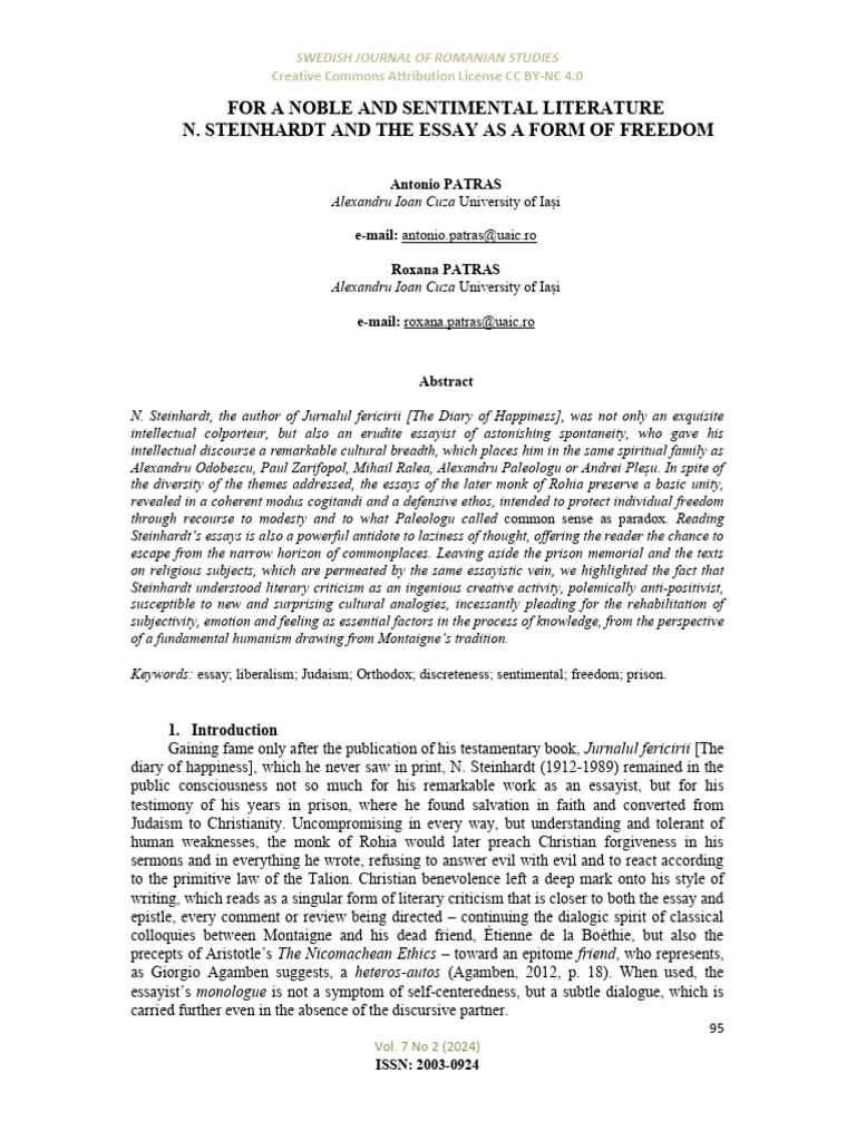 For A Noble and Sentimental Literature: N. Steinhardt and The Essay As ...