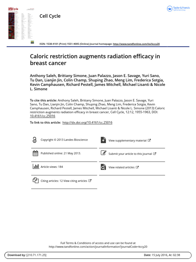Caloric Restriction Augments Radiation Efficacy in Breast Cancer (2013 ...