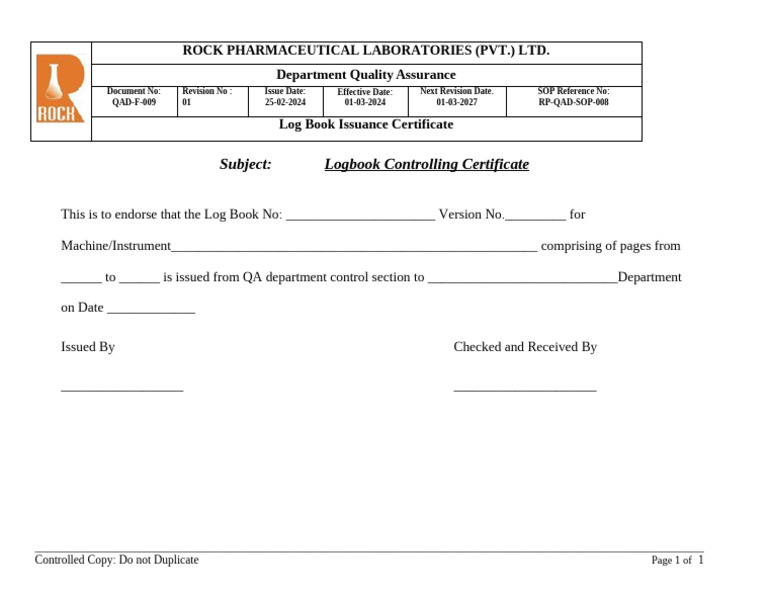 Logbook Control Certificate SOP | PDF