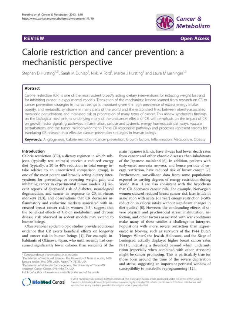 Calorie restriction and cancer prevention - a mechanistic perspective ...