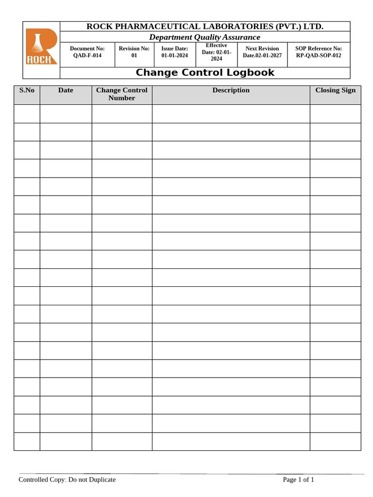 Change Control Logbook SOP | PDF