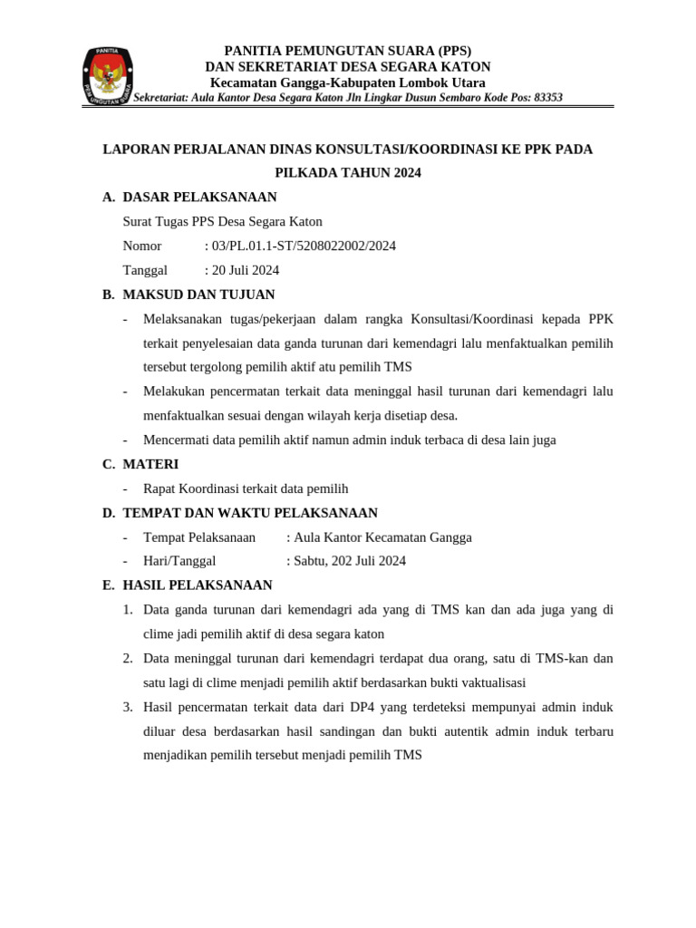 Laporan Dinas PPS Pilkada 2024 Segara Katon | PDF