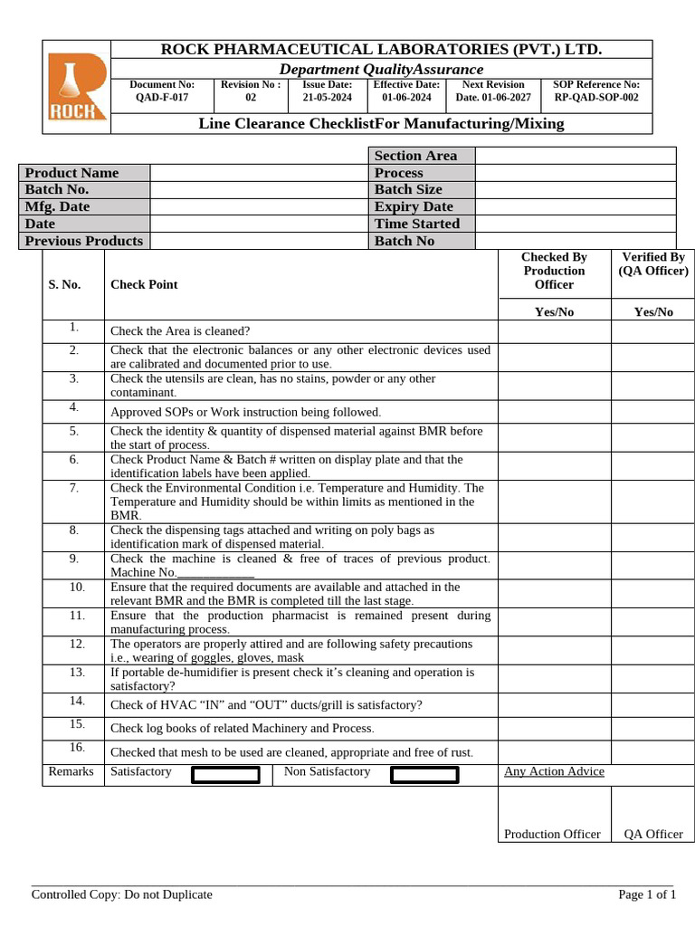 Line Clearance Checklist for Pharma | PDF