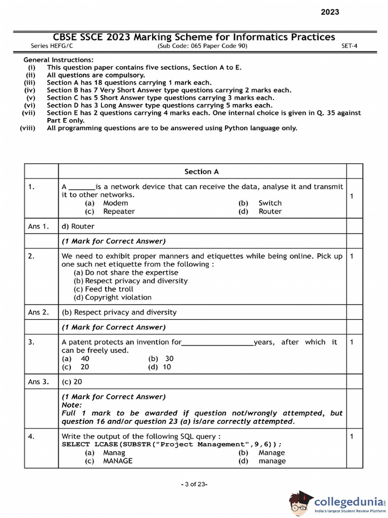 CBSE Class 12 Informatics Practices Compartment Answer Key 2023 | PDF