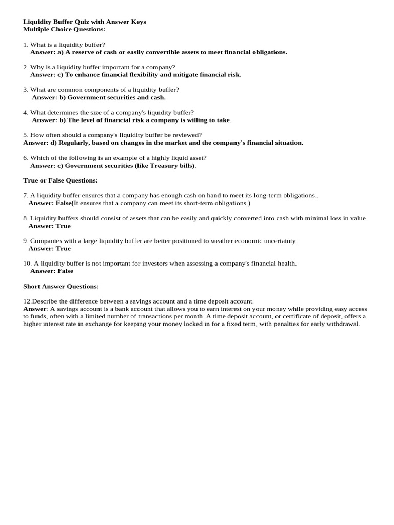 Liquidity Buffer Quiz With Answer Keys | PDF