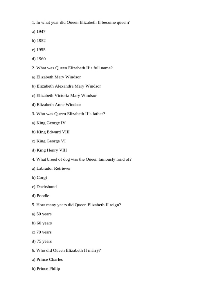 Queen Elizabeth II Trivia Quiz | PDF | Elizabeth Ii | European Royalty