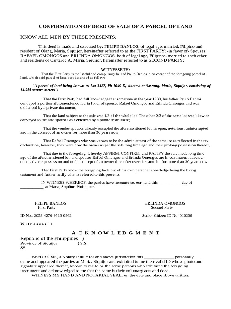 CONFIRMATION OF DEED OF SALE OF A PARCEL OF LAND | PDF | Common Law ...