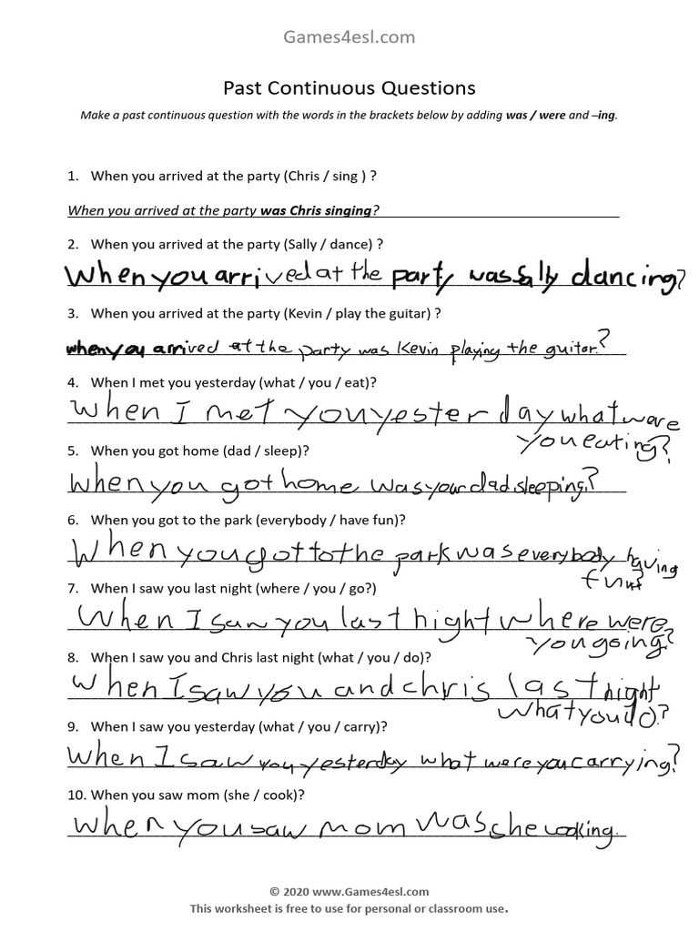 Past Continuous Questions Worksheet | PDF