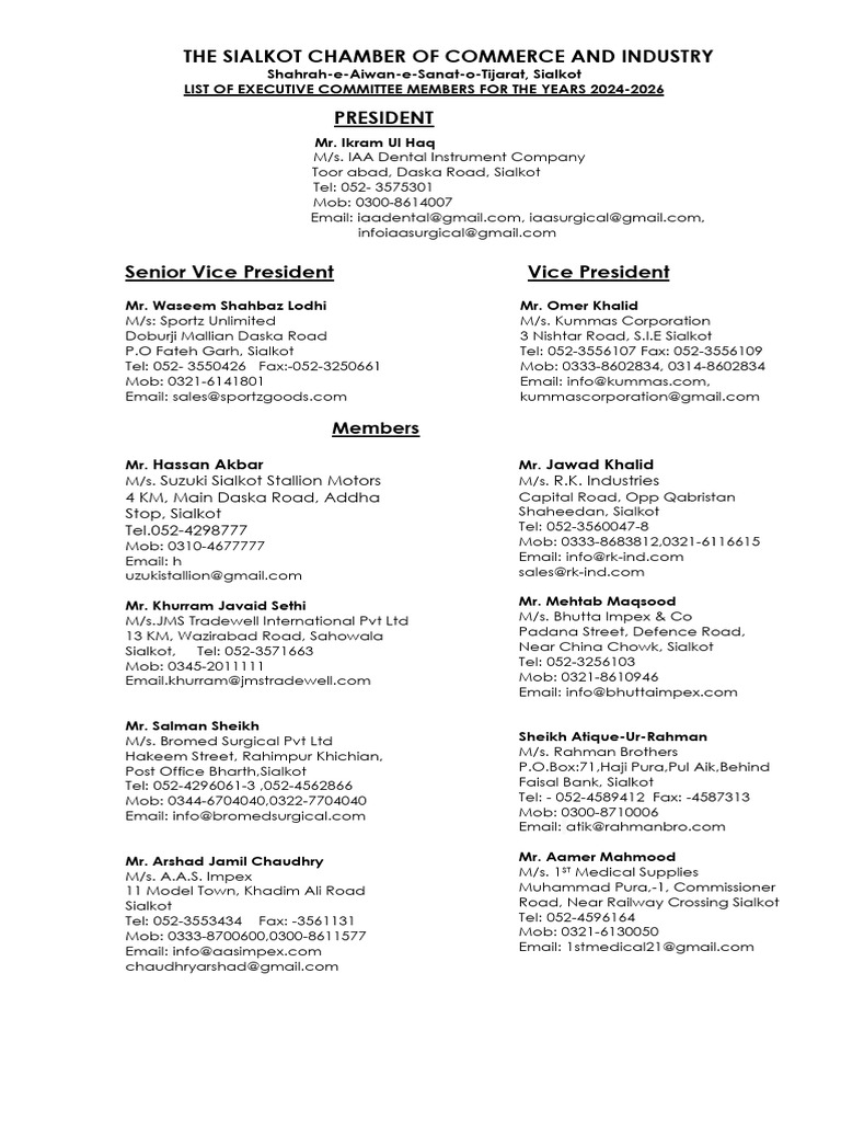 Sialkot Chamber Executive Committee 2024-26 | PDF