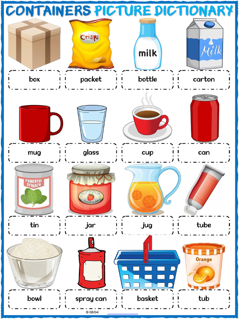Containers Vocabulary Esl Picture Dictionary Worksheet For Kids | PDF