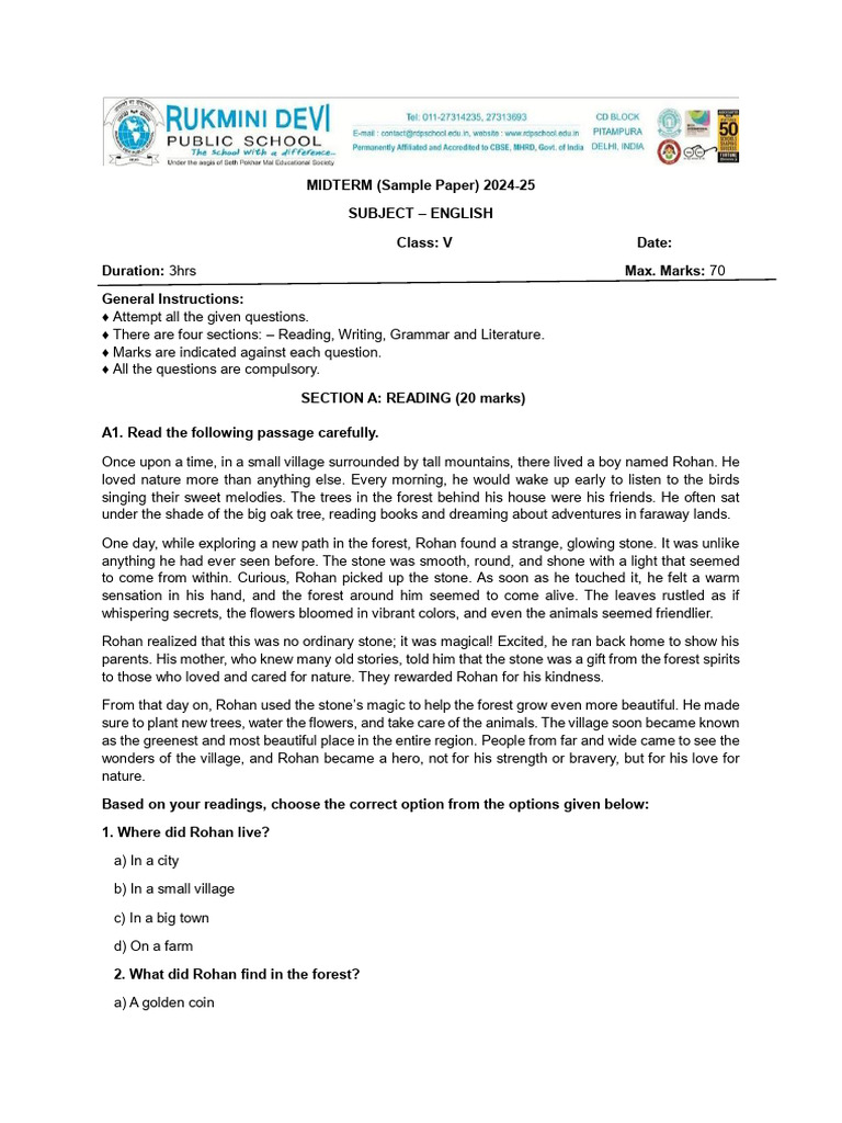 English Midterm Sample Paper 2024-25 | PDF | Verb | Noun