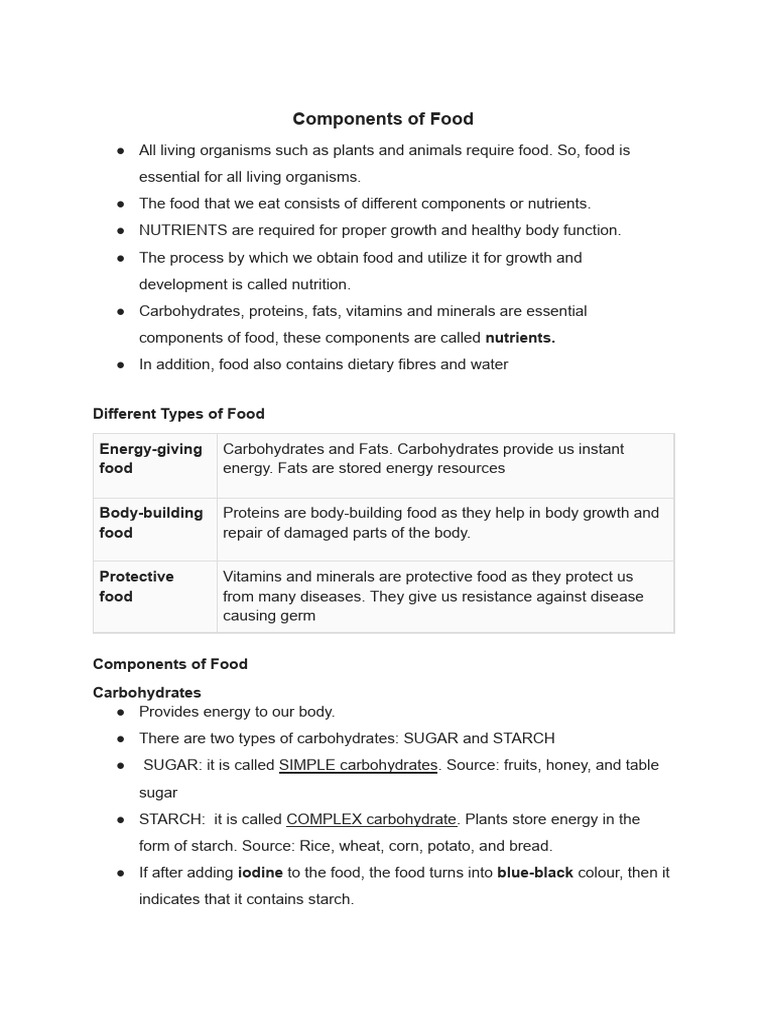 Components of Food - Notes | PDF | Foods | Carbohydrates