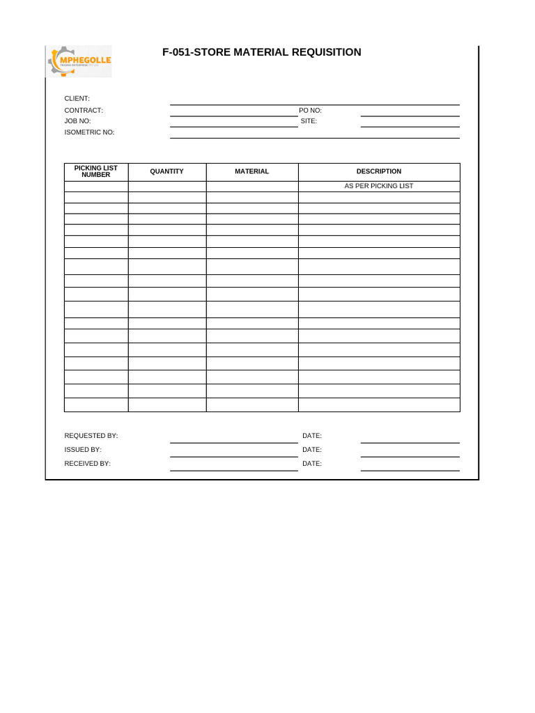 F 051 Store Material Requisition | PDF