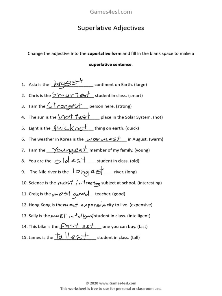 Superlative Adjective Exercise Worksheet Fill in the Blank | PDF