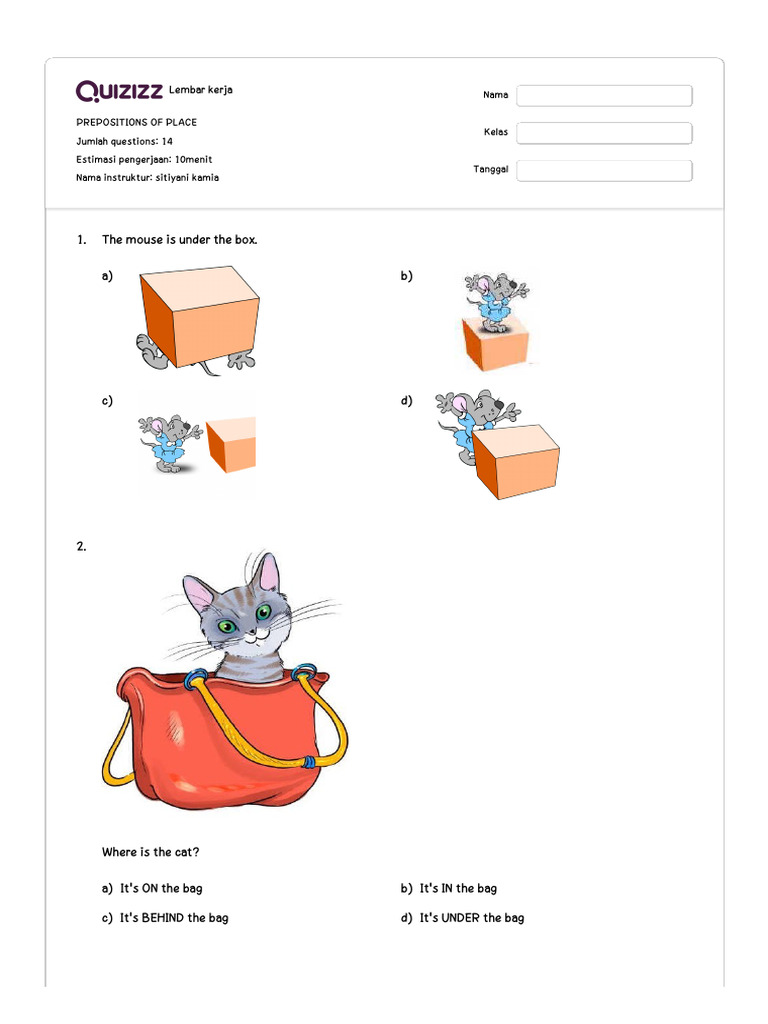 Quizizz Prepositions of Place Worksheet | PDF