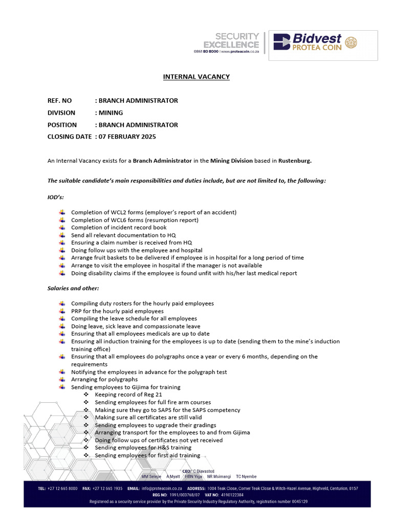 Branch Administrator Vacancy - Mining Division | PDF | Employment ...