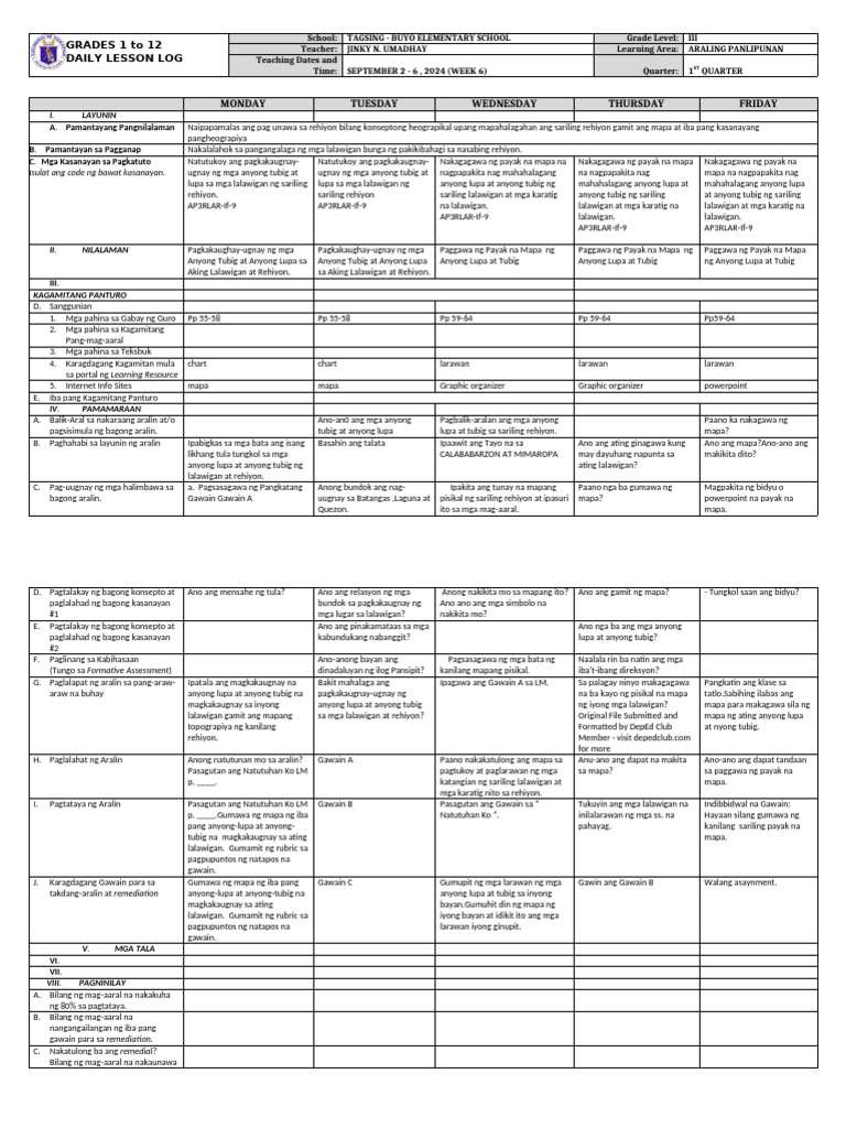 DLL - Araling Panlipunan 3 - Q1 - W6.2024 | PDF