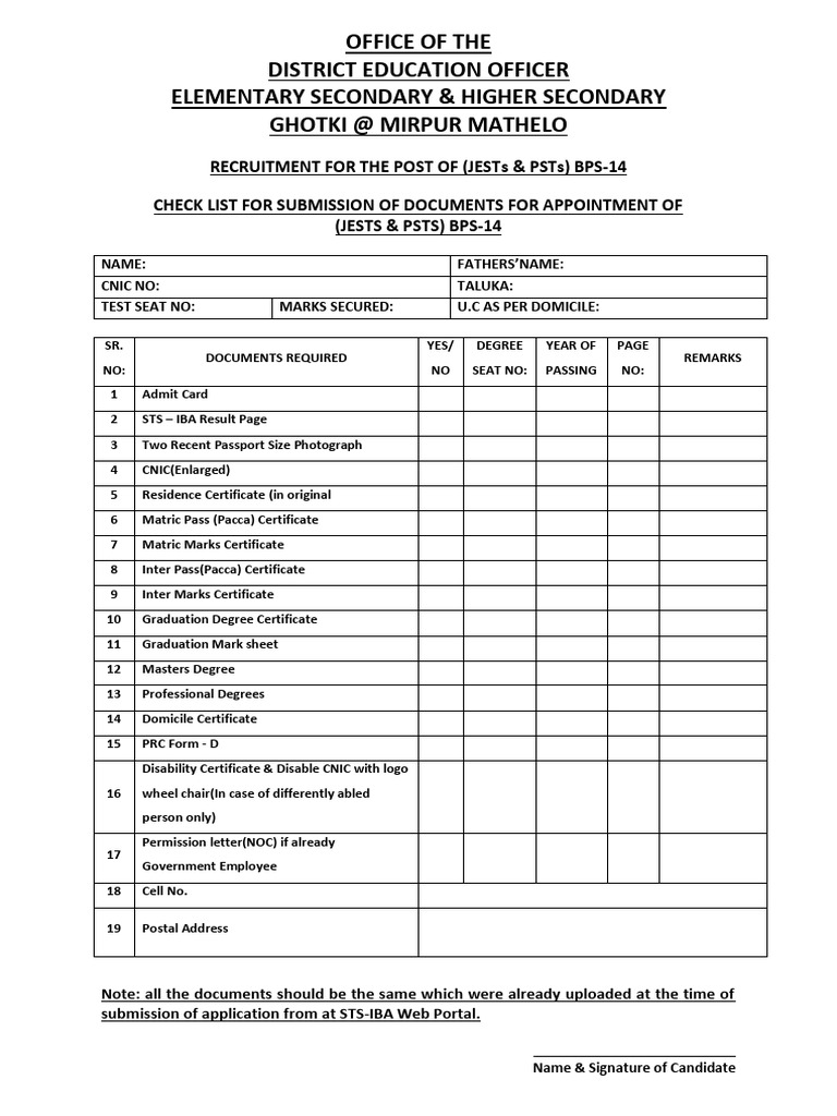 Ghotki PST Recruitment Document Checklist | PDF