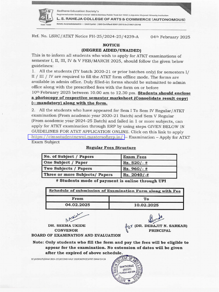 Ug Sem I To V Atkt Examination Form Filling Notice FH 2025 | PDF
