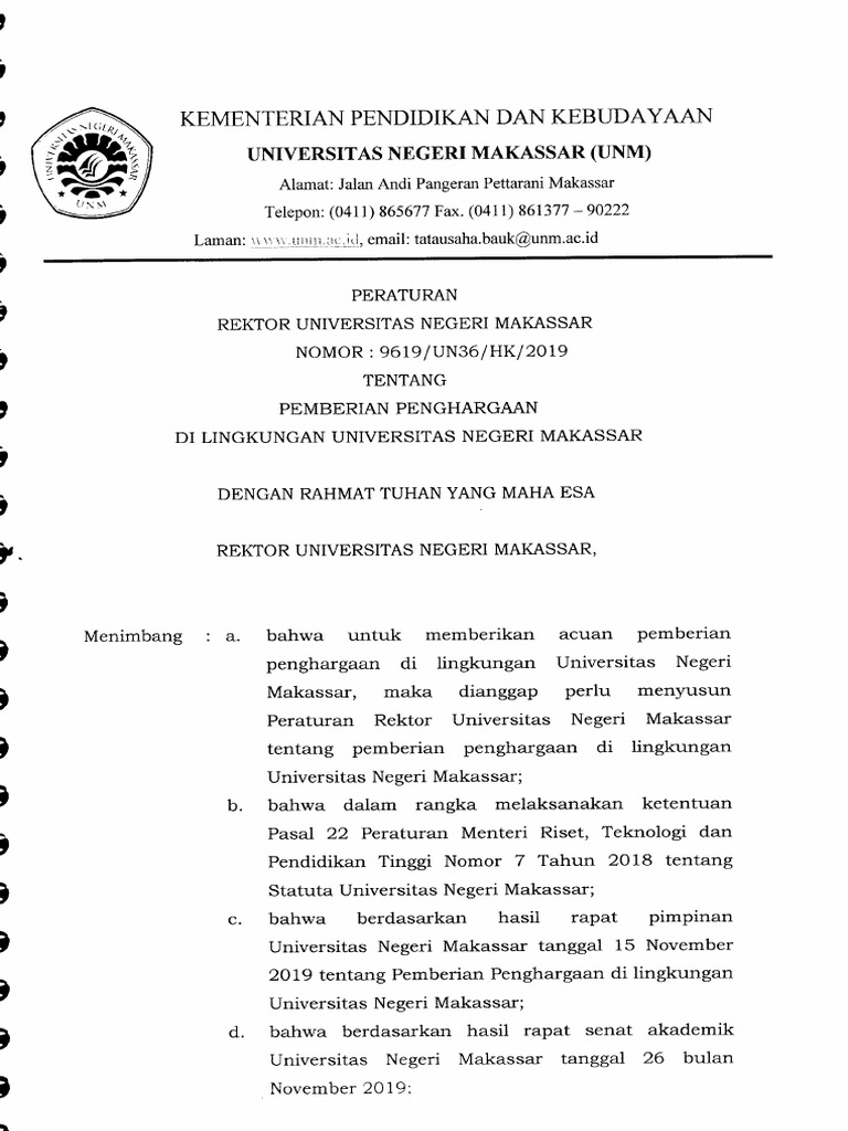 Peraturan Rektor UNM tentang Penghargaan | PDF