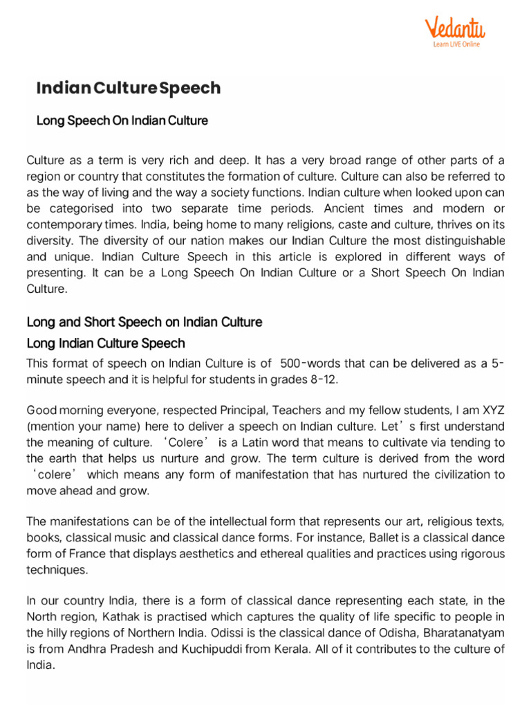 Indian Culture Speech | PDF