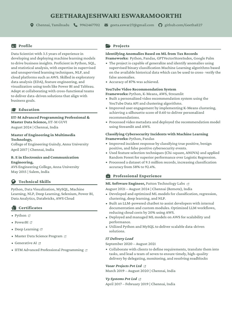 Data Scientist Profile: Geetharajeshwari Eswaramoorthi | PDF | Machine Learning | Data Science