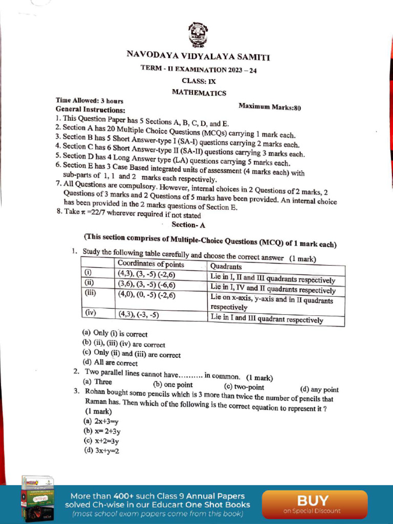 Jawahar Navodaya Vidyalaya Paper 98 Maths | PDF | Euclidean Geometry ...