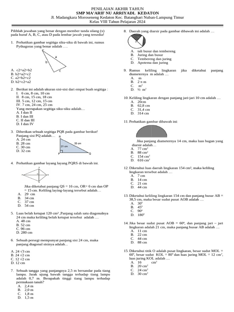 Soal Pat MTK Viii 2024 | PDF