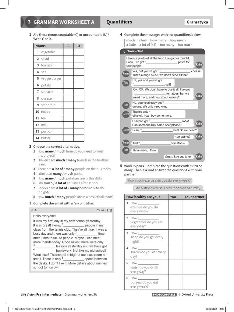 Life Vision Pre-Int Gram Worksheet A U3 | PDF | Foods | Cuisine