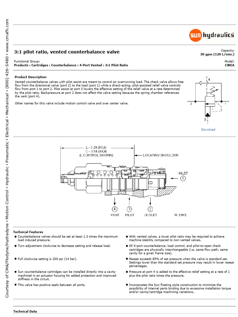 Vented Counterbalance Valve 3:1 Pilot Ratio | PDF | Valve | Mechanical ...