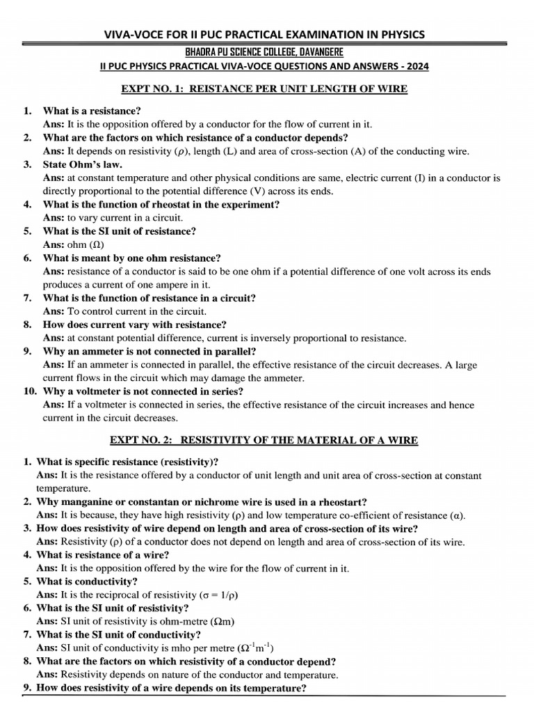 VIVA-VOCE QUESTIONS FOR II PUC PRACTICAL 2024 Dr. BSK-1 | PDF