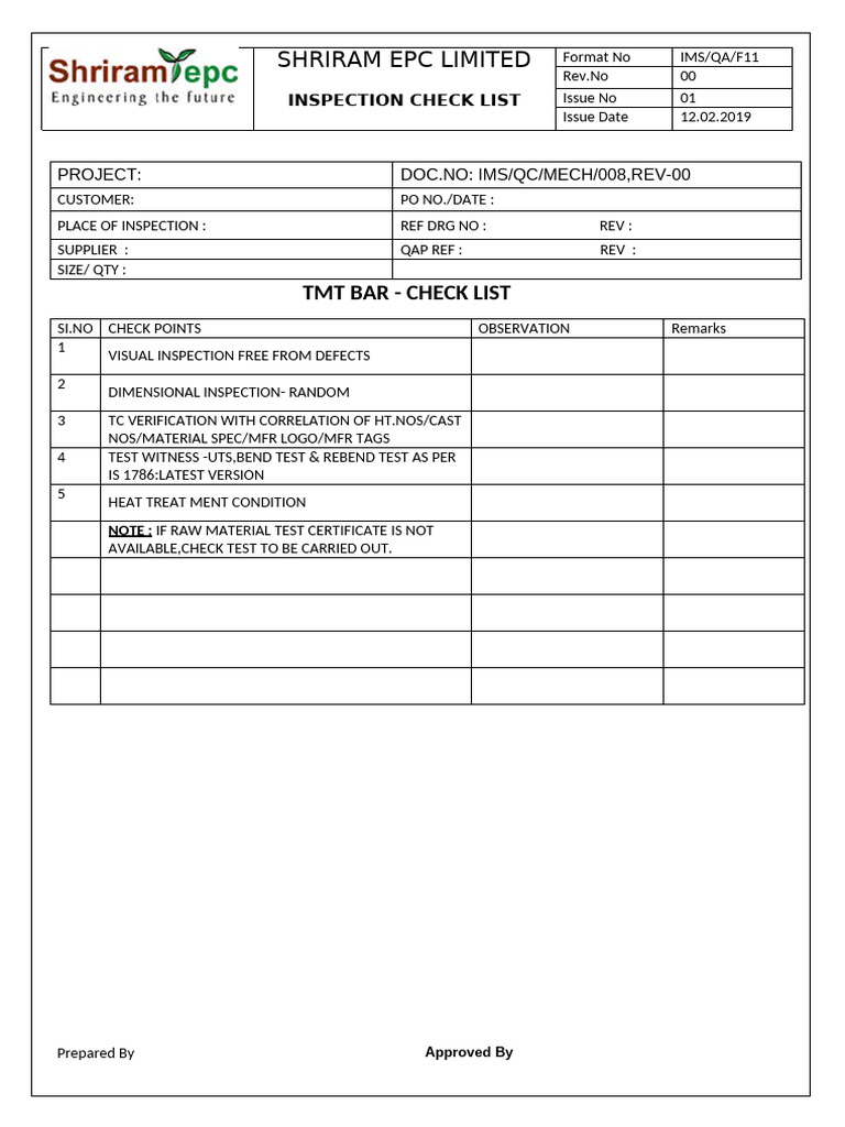 Ims QC Mech 008 TMT Bar | PDF