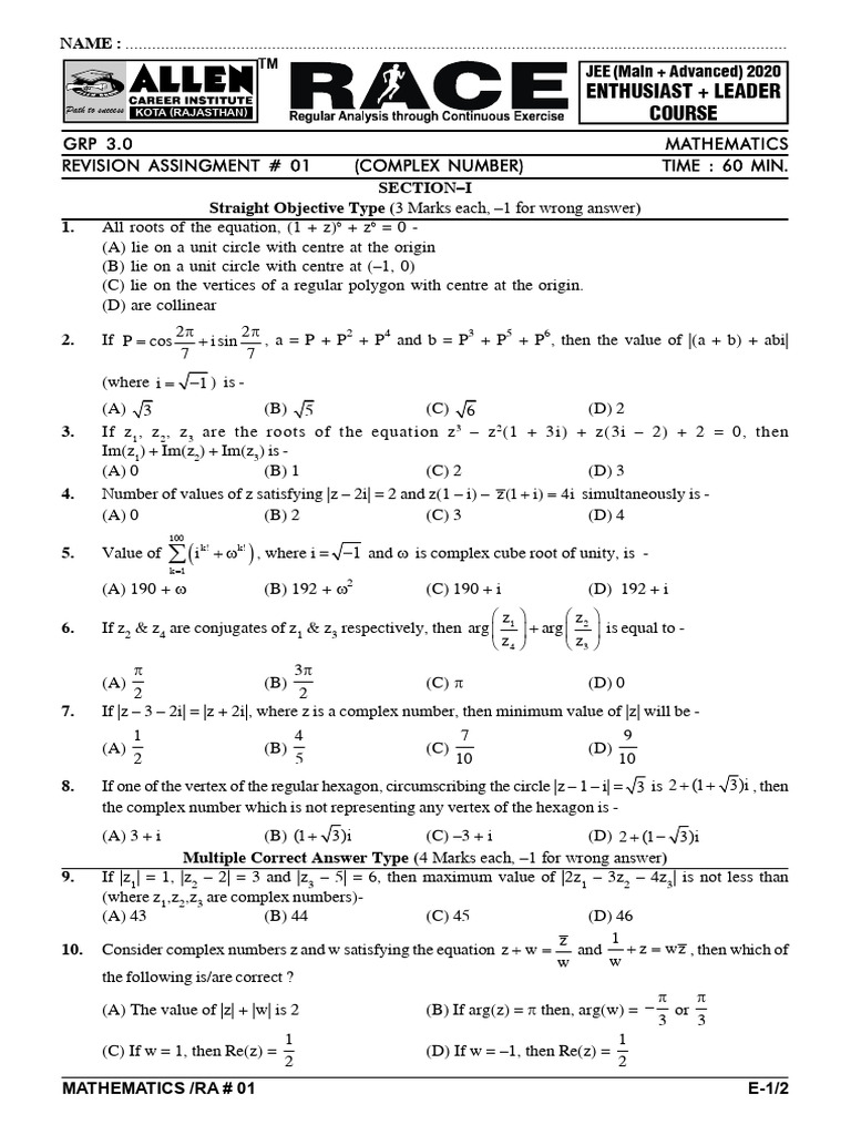 JEE 2020 Mathematics Complex Numbers Assignment | PDF | Tangent ...