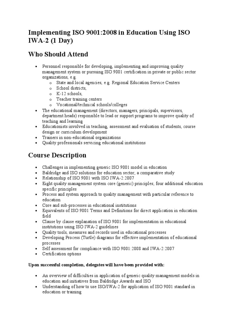 Implementing ISO 9001 in Education Using ISO IWA2 | PDF | Iso 9000 ...