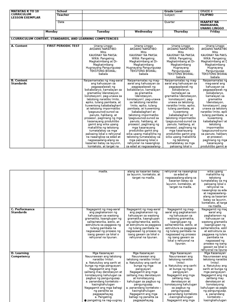 Grade 4-Q4W1 (Matatag DLL) - Filipino | PDF