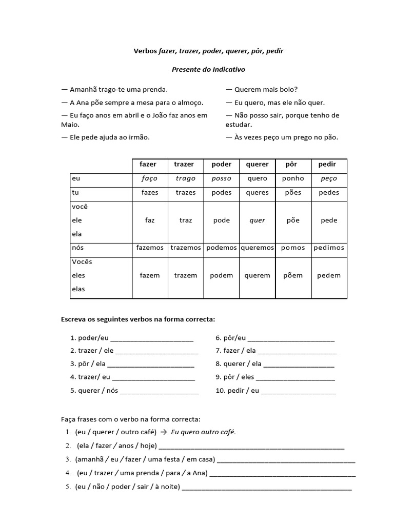 Verbos Querer, Poder, Fazer, Trazer, Pôr, Pedir | PDF